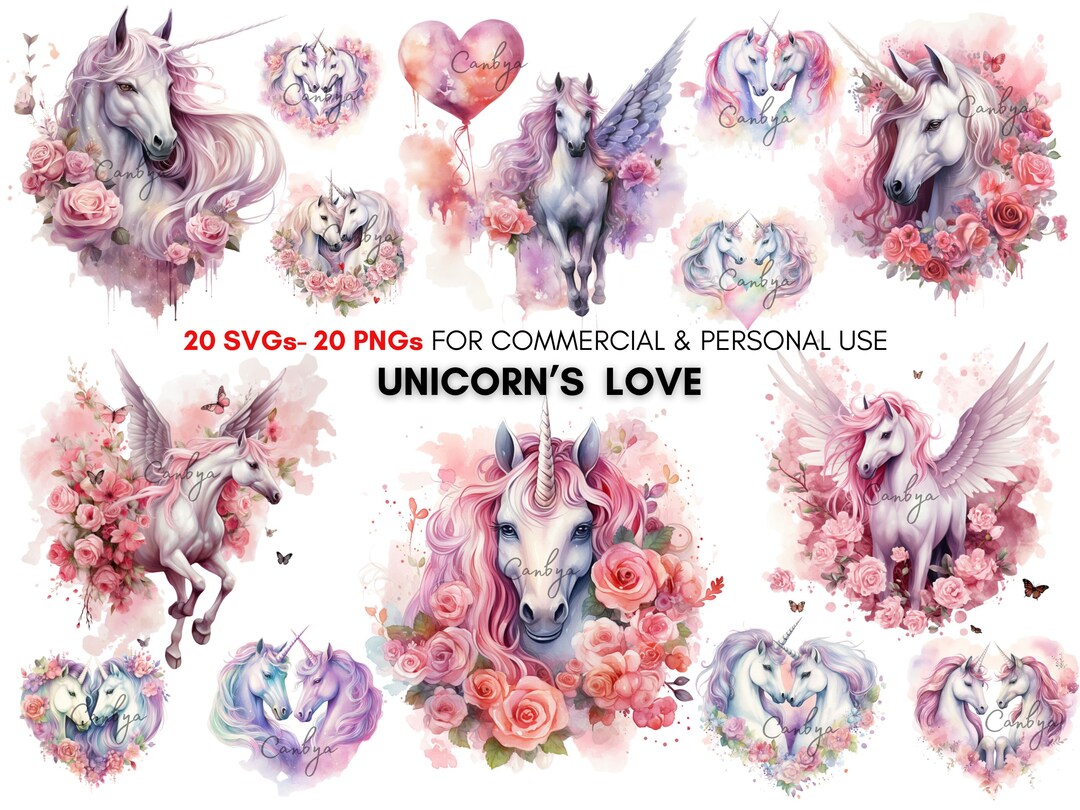 Watercolor Valentine's Unicorn Png Svg Clipart Bundles, Unicorn's Love ...