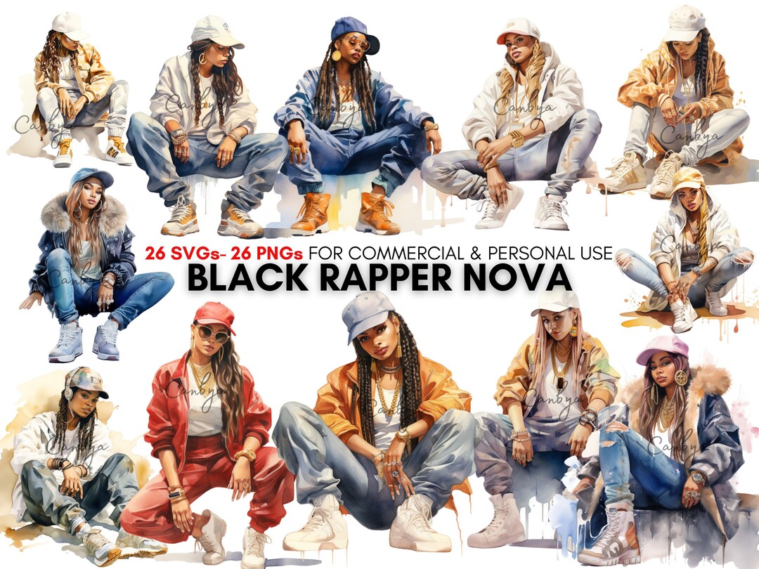 Watercolor African American Rapper Girl Png Svg Clipart Bundle, Stylish ...
