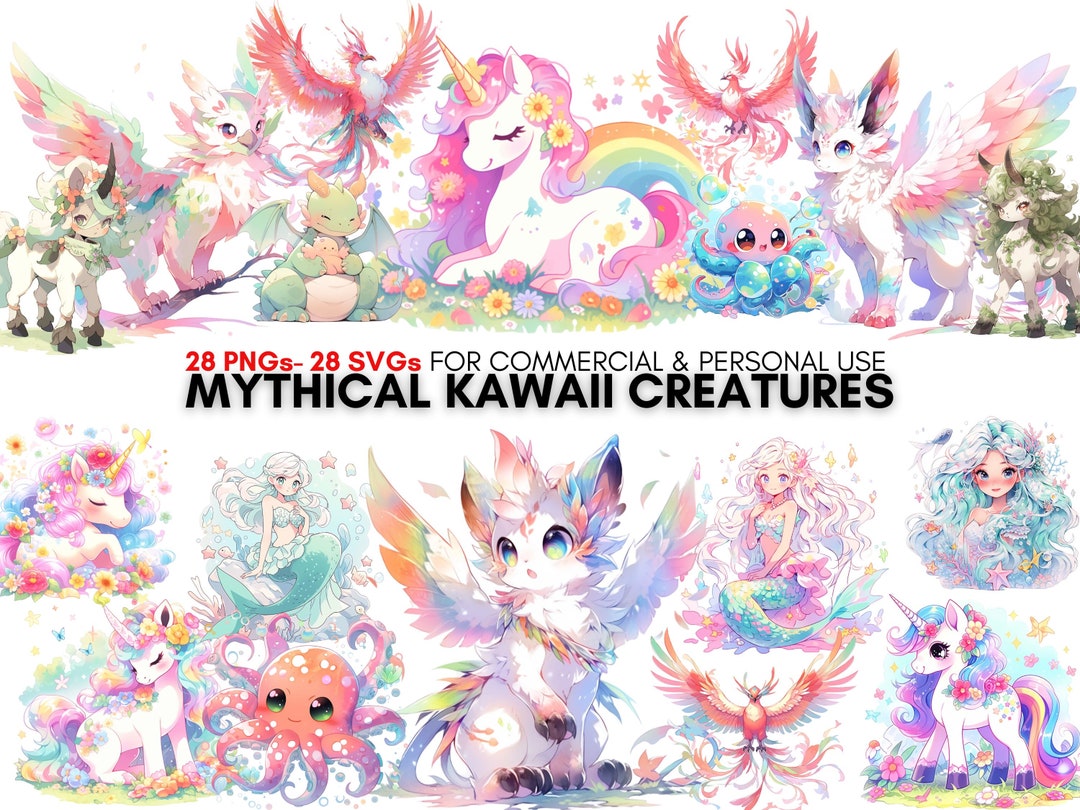 Mythical Creatures, Kawaii Cliparts, 28 Watercolor Png 's, 28 ...