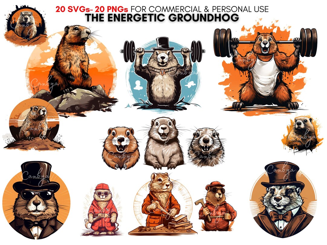 Watercolor Groundhog Day Png Svg Clipart Bundle, Energetic Groundhog ...