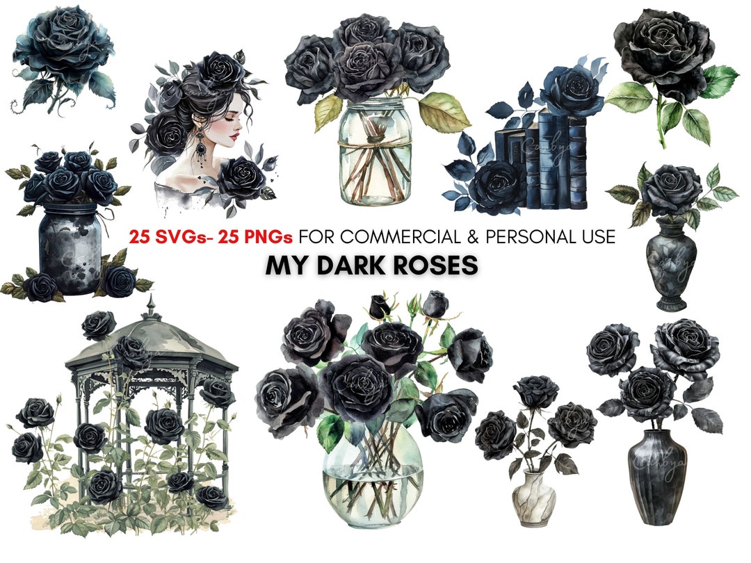 Watercolor Dark Black Roses Png Svg Cliparts, Vintage Gothic Roses in ...