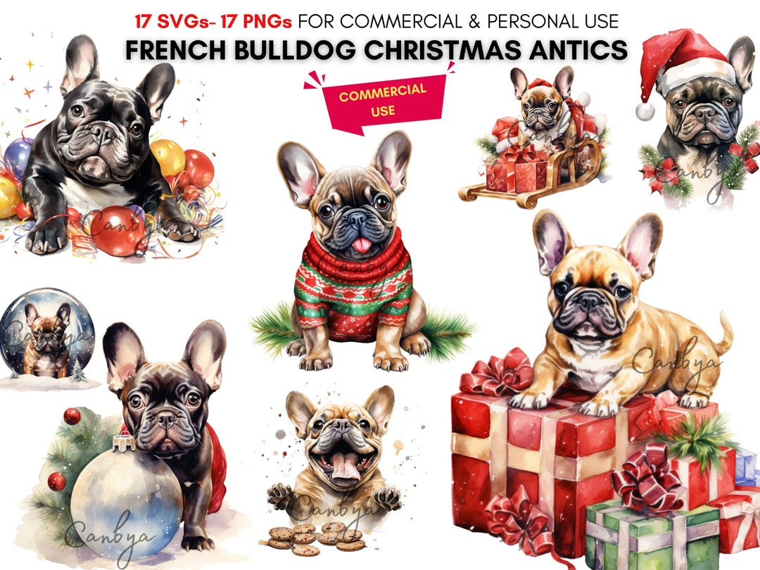 Watercolor Christmas French Bulldog Antics Png Svg Clipart Bundle ...