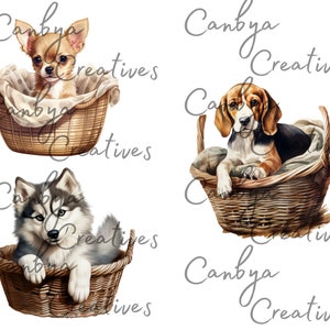 Watercolor Cute Puppy in Cozy Basket Png Svg Clipart Bundle, Cute Dog ...