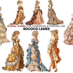 Rococo Styled Girl Svg Png Clipart Bundle, Vintage Rococo Fashion Girls ...