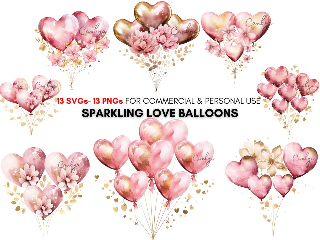 Watercolor Heart Shaped Pink & Golden Balloon Svg Png Clipart, Glitter ...