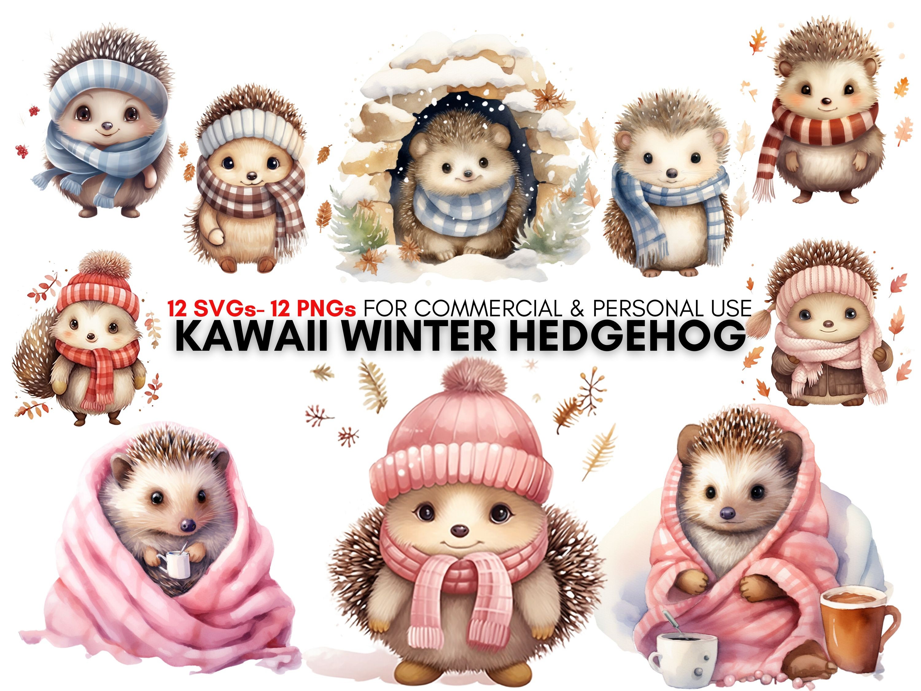 Watercolor Kawaii Winter Hedgehog Svg Png Digital Clipart, Animal Art ...