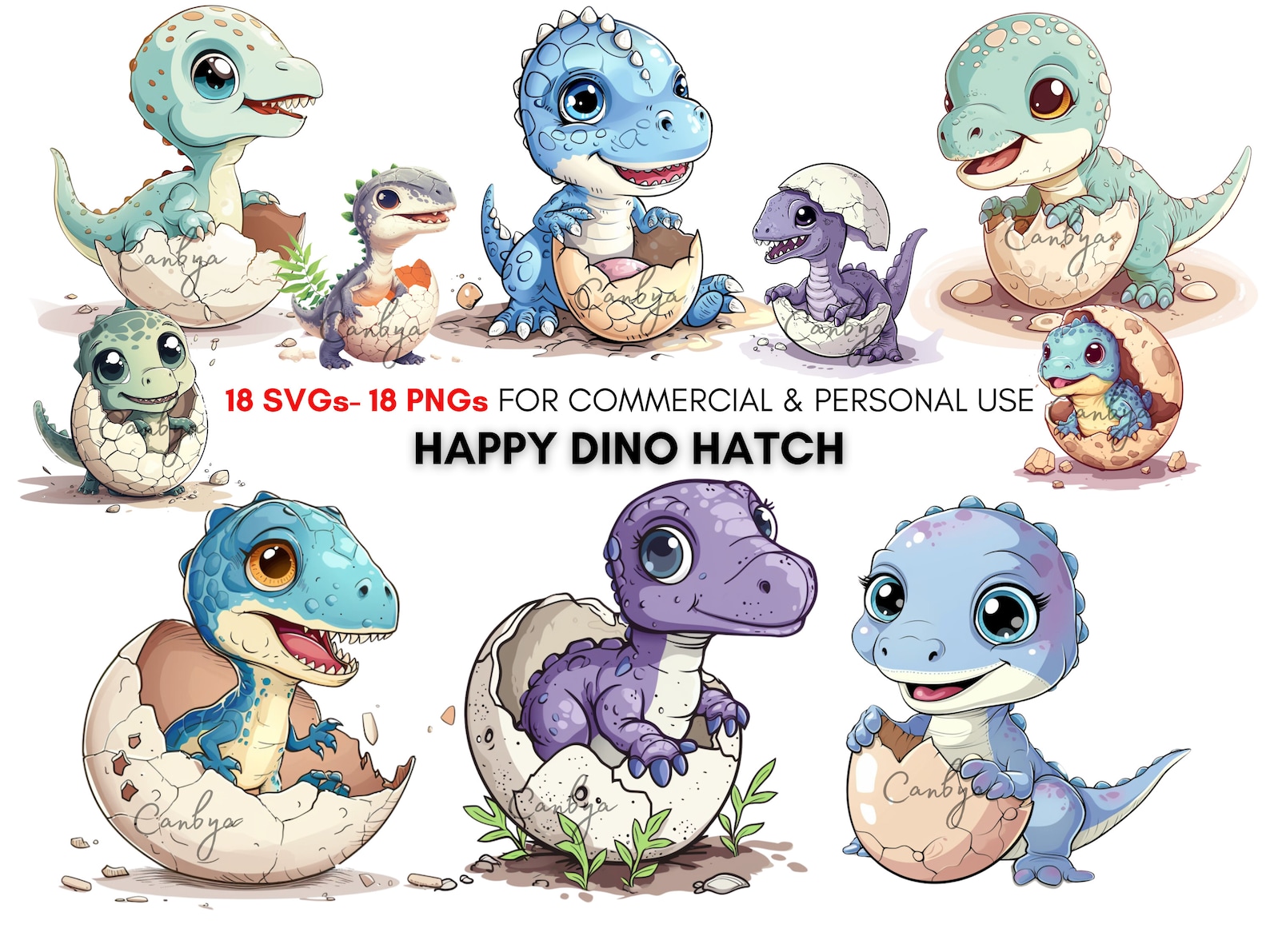 Watercolor Kawaii Baby Dinosaurs Svg Png Cliparts, Cute Big-eyed Dino ...