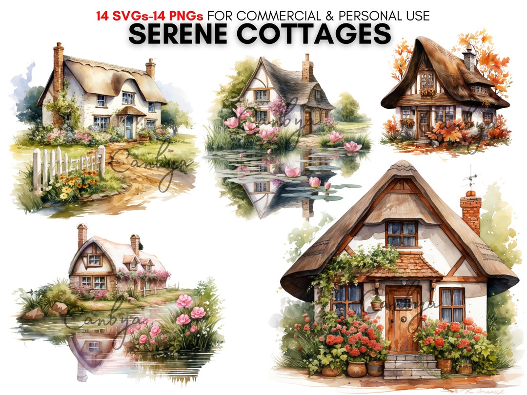 Watercolor Country Cottage SVG PNG Clipart Bundle, Medieval Times ...