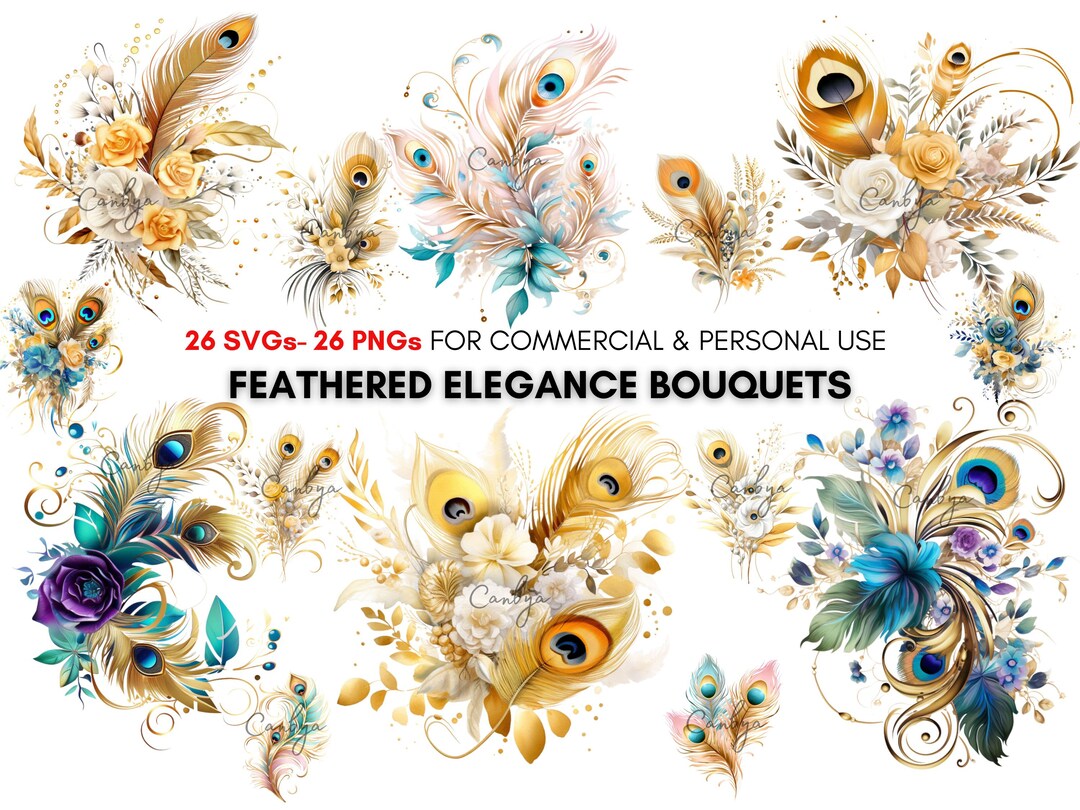 Peacock Feather and Flower Bouquet Svg Png Clipart Bundle, Watercolor ...