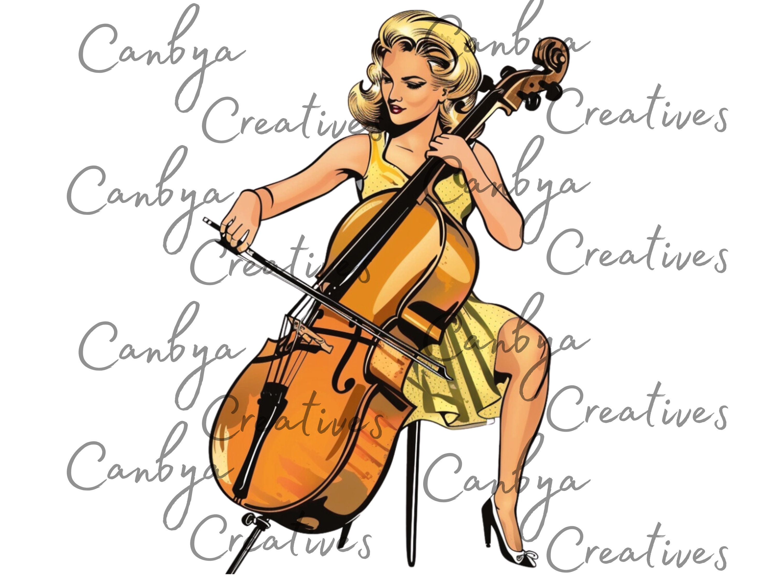 Retro Blonde Women on Cello Png Svg Clipart Bundle, Fashion Musician ...