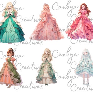 Big-eyed Ladies in Princess Dresses, Watercolor Clipart for Commercial ...
