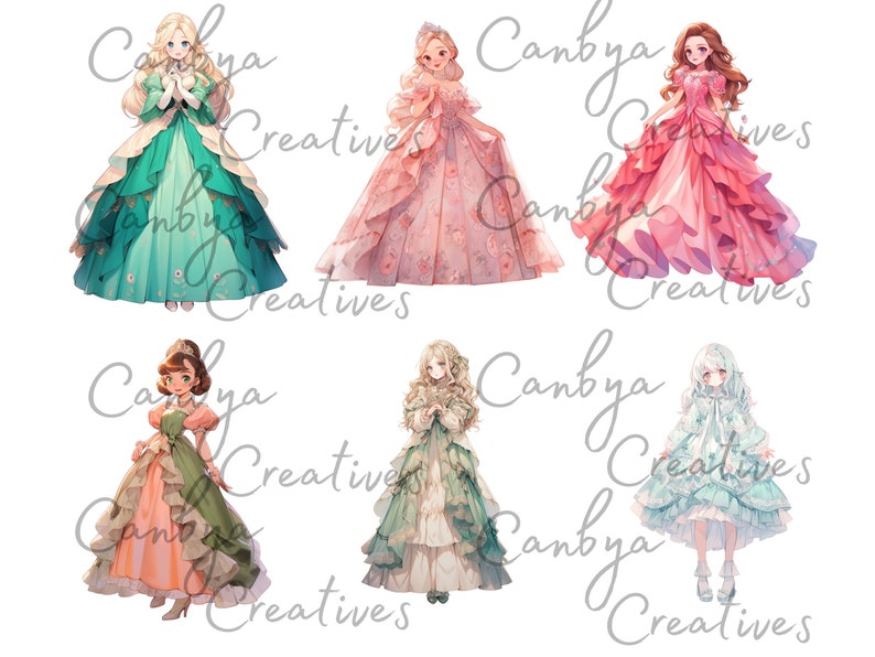 Big-eyed Ladies in Princess Dresses, Watercolor Clipart for Commercial ...