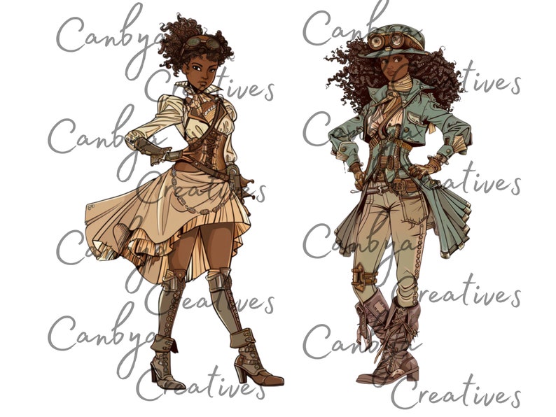 Retro African American Steampunk Girls Clipart Prints, Vintage Black ...