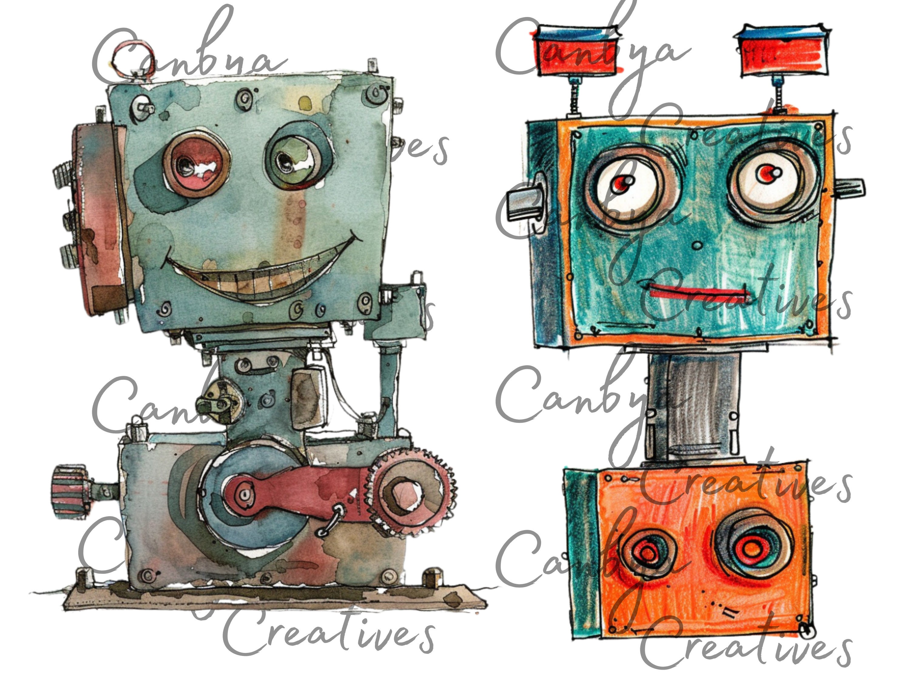 Happy Robots Png Svg Clipart Bundle, Digital Art Prints for ...