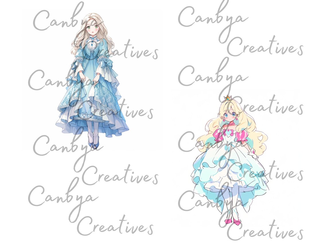 Big-eyed Ladies in Princess Dresses, Watercolor Clipart for Commercial ...