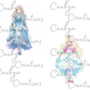 Big-eyed Ladies in Princess Dresses, Watercolor Clipart for Commercial ...