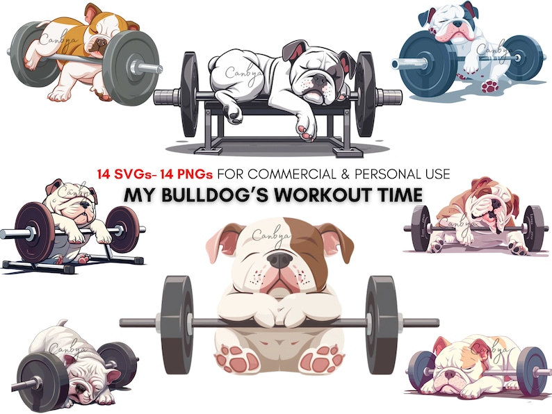 Watercolor Kawaii Bulldog Workout Png Svg Prints, Funny Lazy English ...