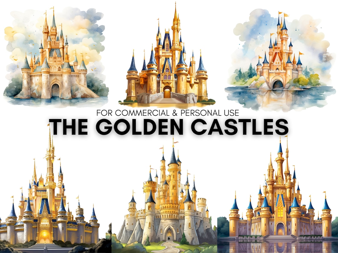 Watercolor Princess Golden Castles Png Clipart Bundle, for Commercial ...