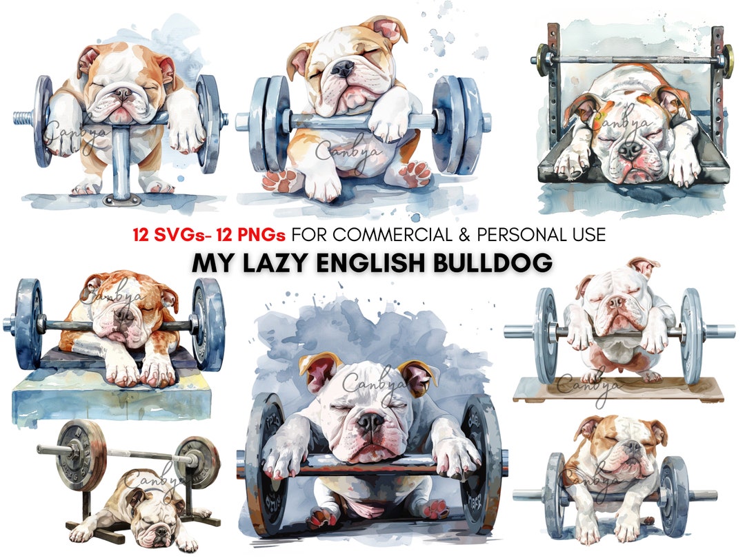 Watercolor Kawaii Lazy Bulldog Workout Png Svg Prints, Funny English ...