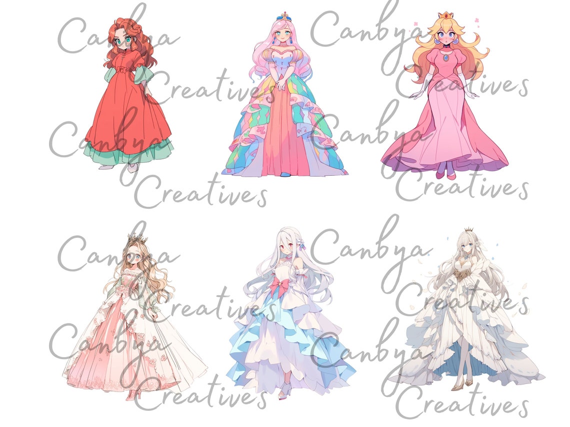 Big-eyed Ladies in Princess Dresses, Watercolor Clipart for Commercial ...