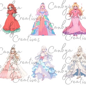 Big-eyed Ladies in Princess Dresses, Watercolor Clipart for Commercial ...