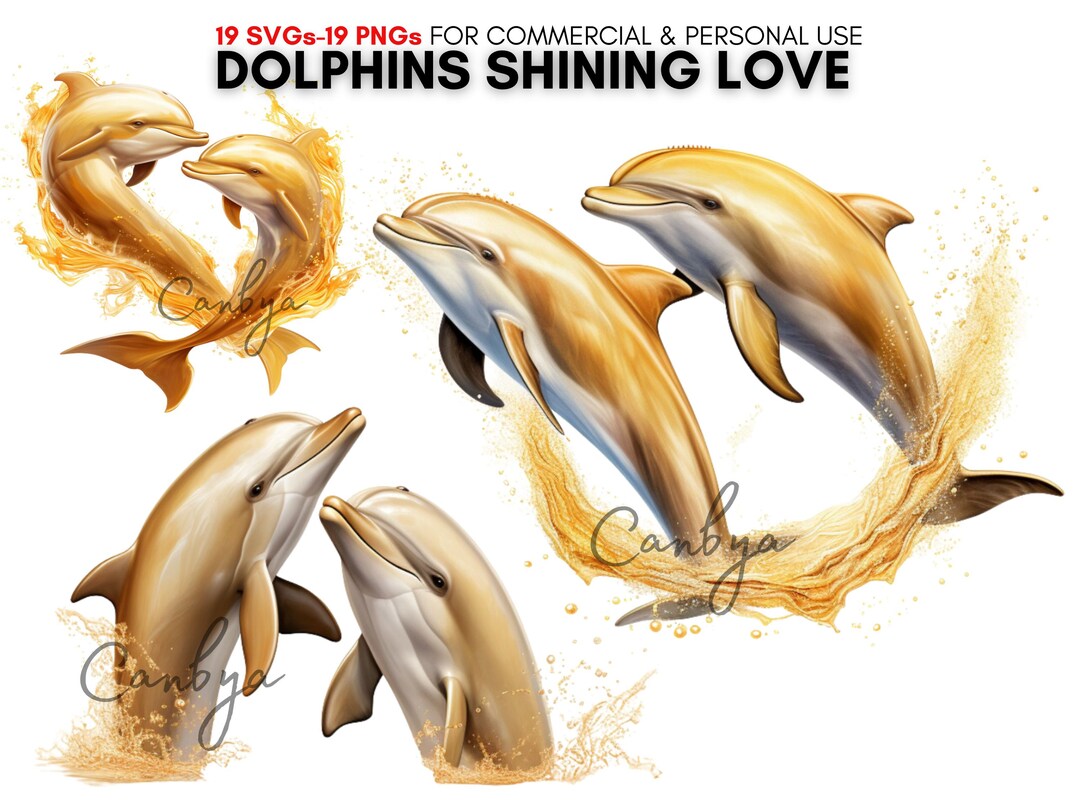 Watercolor Mythical Golden Dolphin Svg Png Digital Clipart Bundle ...