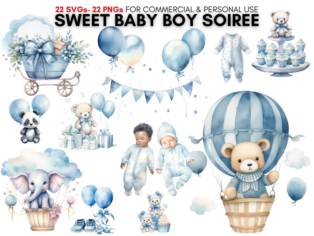 Watercolor Blue Boy Baby Shower Clipart Bundle, Newborn Images, Cute ...