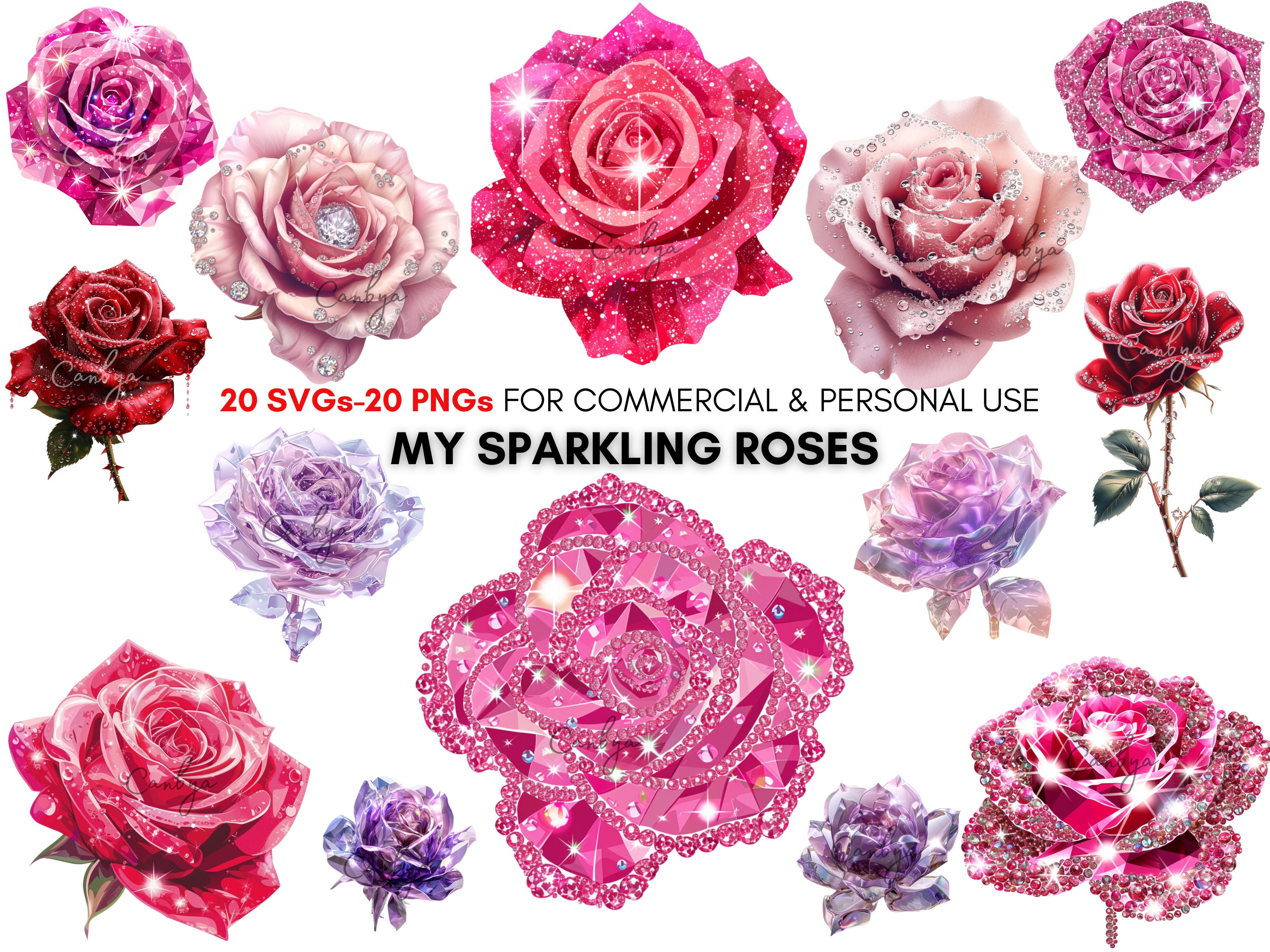 Watercolor Sparkling Roses Png Svg Cliparts, Glitter Roses Print ...