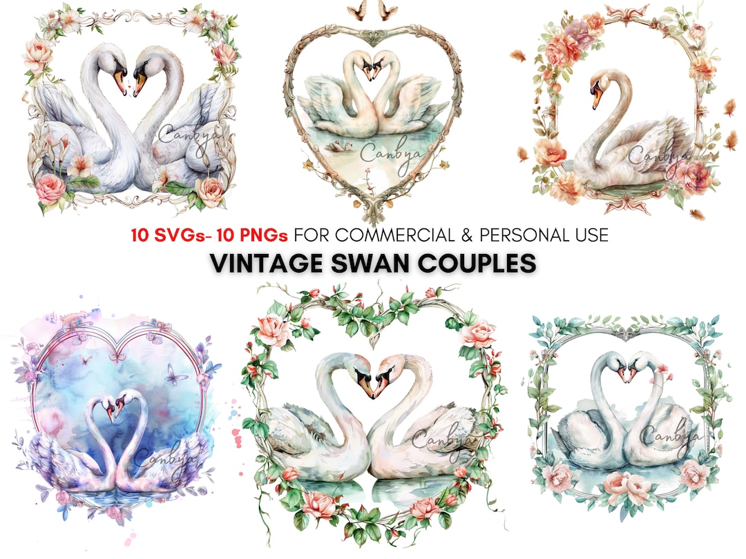 Watercolor Vintage Swan Couples Png Svg Digital Prints, Sublimation ...
