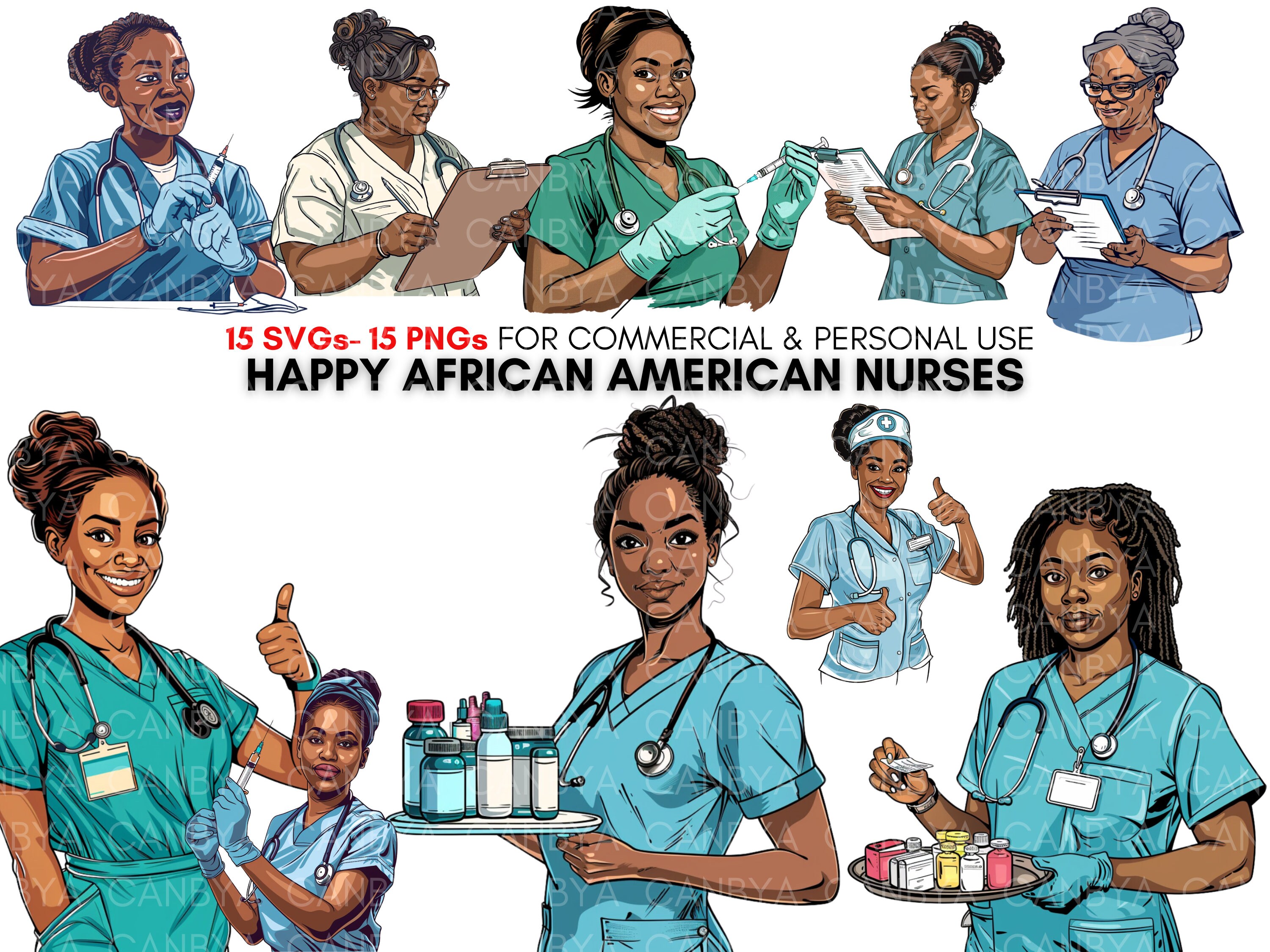 Watercolor African American Nurse Svg Png Digital Clipart Bundle, Happy ...