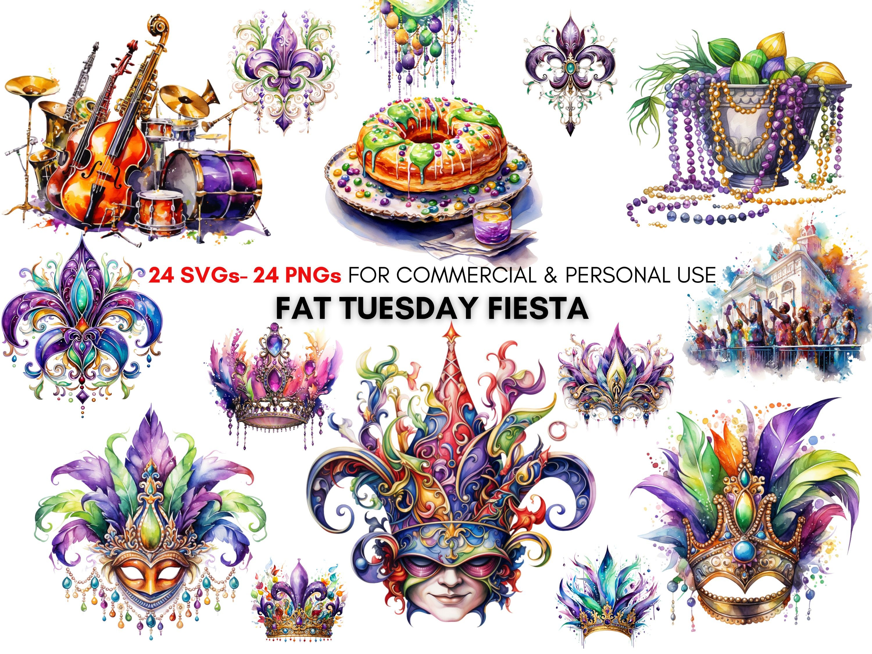 Watercolor Fat Tuesday Png Svg Clipart Bundle, Mardi Gras Sublimation ...