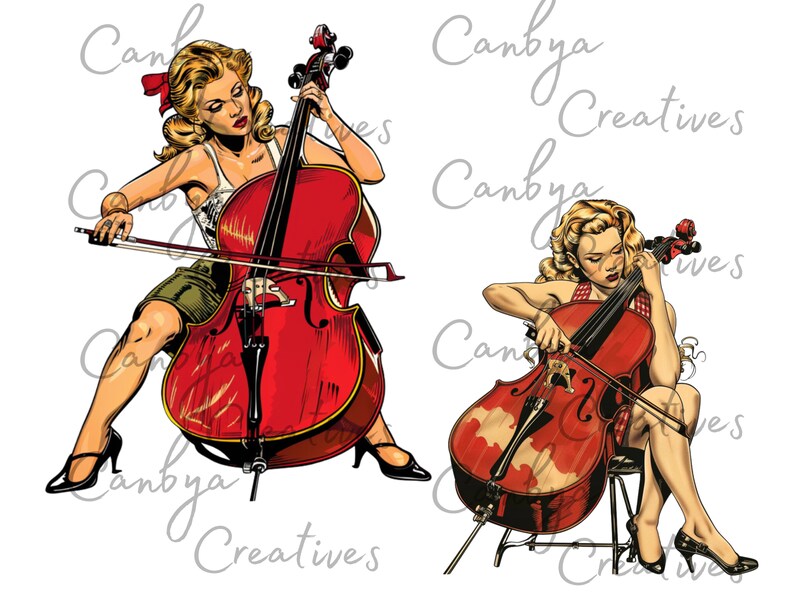 Retro Blonde Women on Cello Png Svg Clipart Bundle, Fashion Musician ...