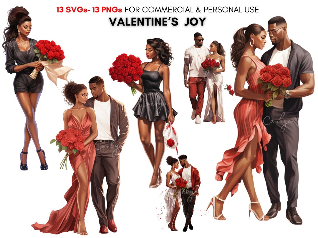 Watercolor Black Couple's Valentine Png Svg Clipart Bundle, African ...