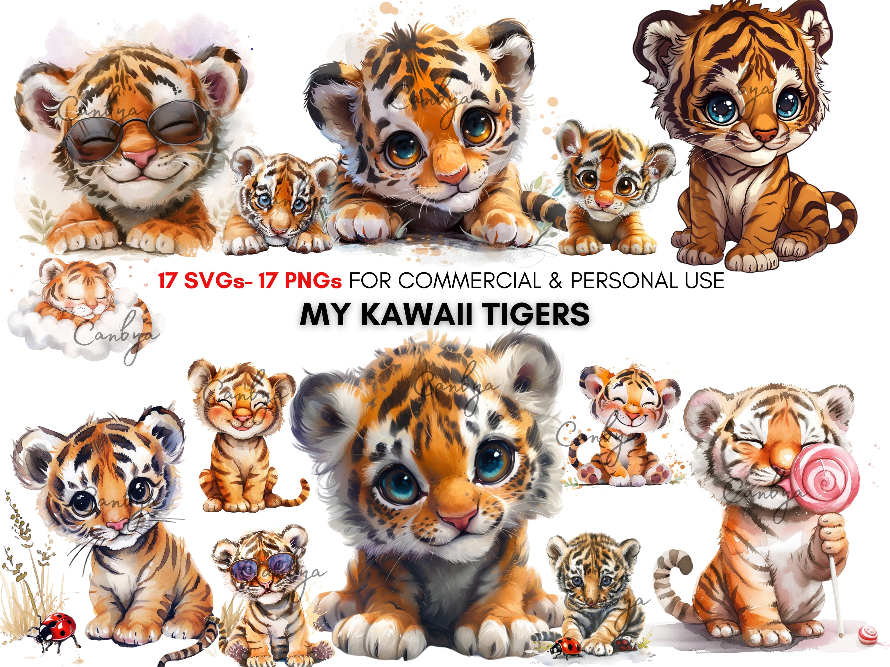 Watercolor Kawaii Baby Tigers Svg Png Clipart, Cute Big-eyed Tiger ...