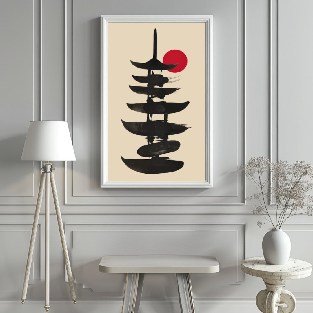 Abstrakte Japandi-Kunst, japanische Pagode Kunstdruck, Japandi-Wandkunst-Dekor, sofortiger ...