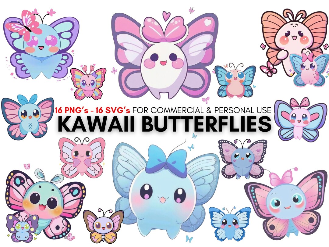 Kawaii Happy Butterflies, Watercolor Butterfly Set, Butterfly Print ...