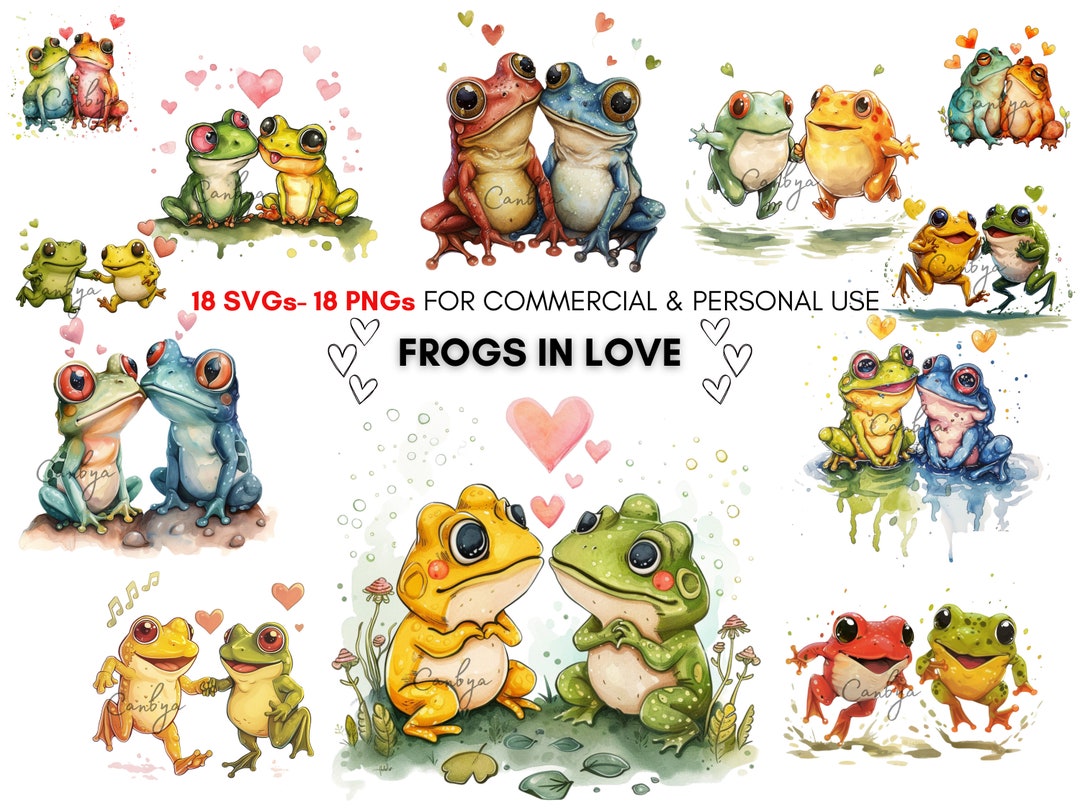 Watercolor Kawaii Frog Couple Svg Png Cliparts, Cute Frogs in Love ...