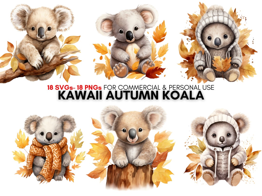 Watercolor Cute Autumn Koala Svg Png Digital Clipart Bundle, Animal ...
