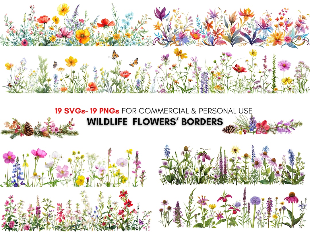 Watercolor Wildflower Borders Png Svg Clipart Bundle, Digital Flower ...