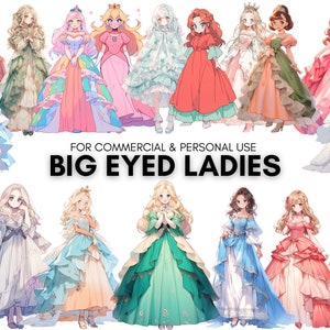 Big-eyed Ladies in Princess Dresses, Watercolor Clipart for Commercial ...