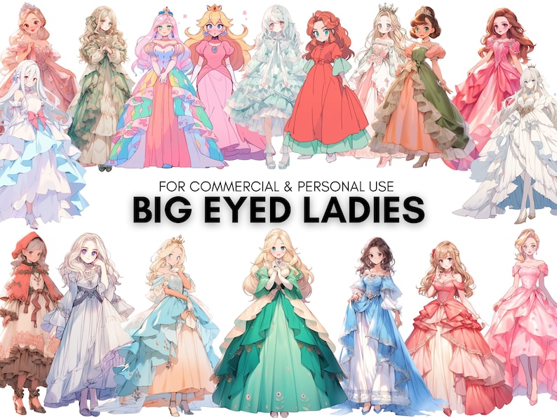 Big-eyed Ladies in Princess Dresses, Watercolor Clipart for Commercial ...