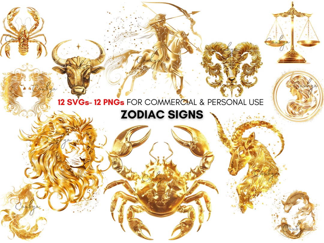 Golden Zodiac Signs Png Svg Clipart Bundle, Sublimation Designs, Zodiac ...