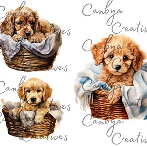 Watercolor Cute Puppy in Cozy Basket Png Svg Clipart Bundle, Cute Dog ...