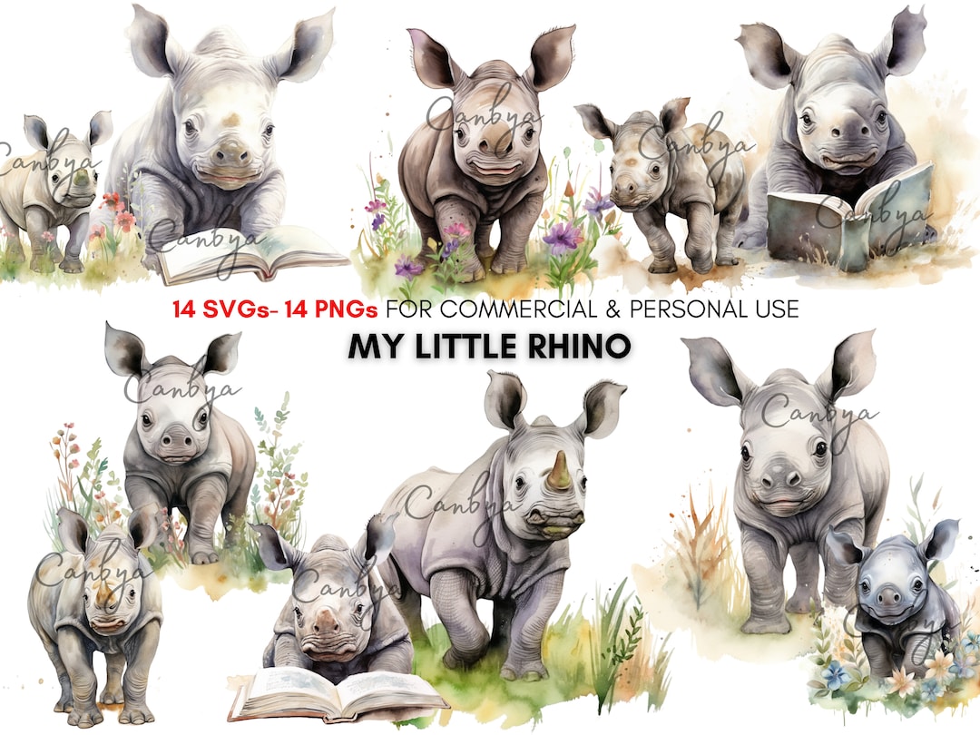 Watercolor Cute Spring Rhino Svg Png Digital Clipart Bundle, Kawaii ...