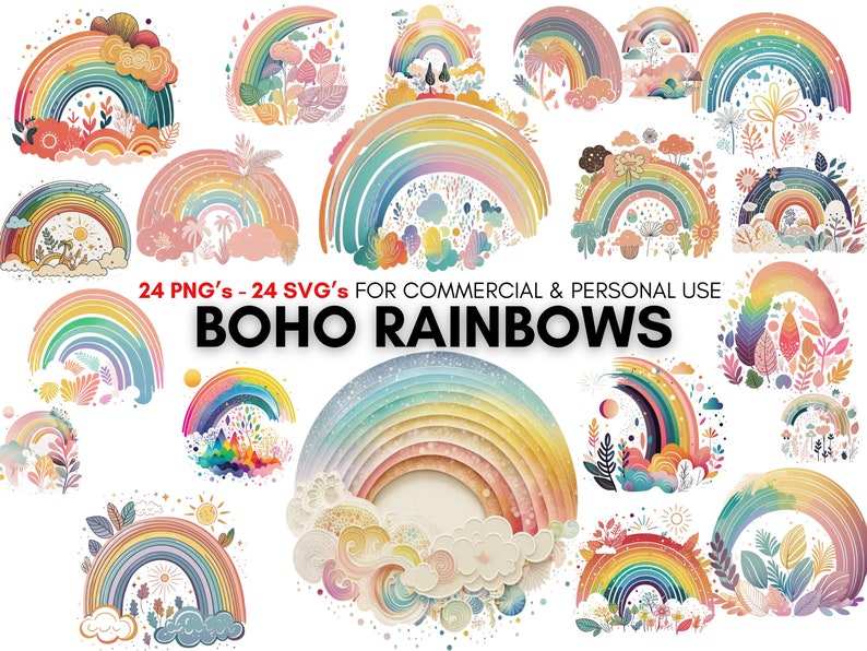 Boho Rainbow Clipart, Boho Rainbow Svg, Boho Rainbow Png, Digital ...