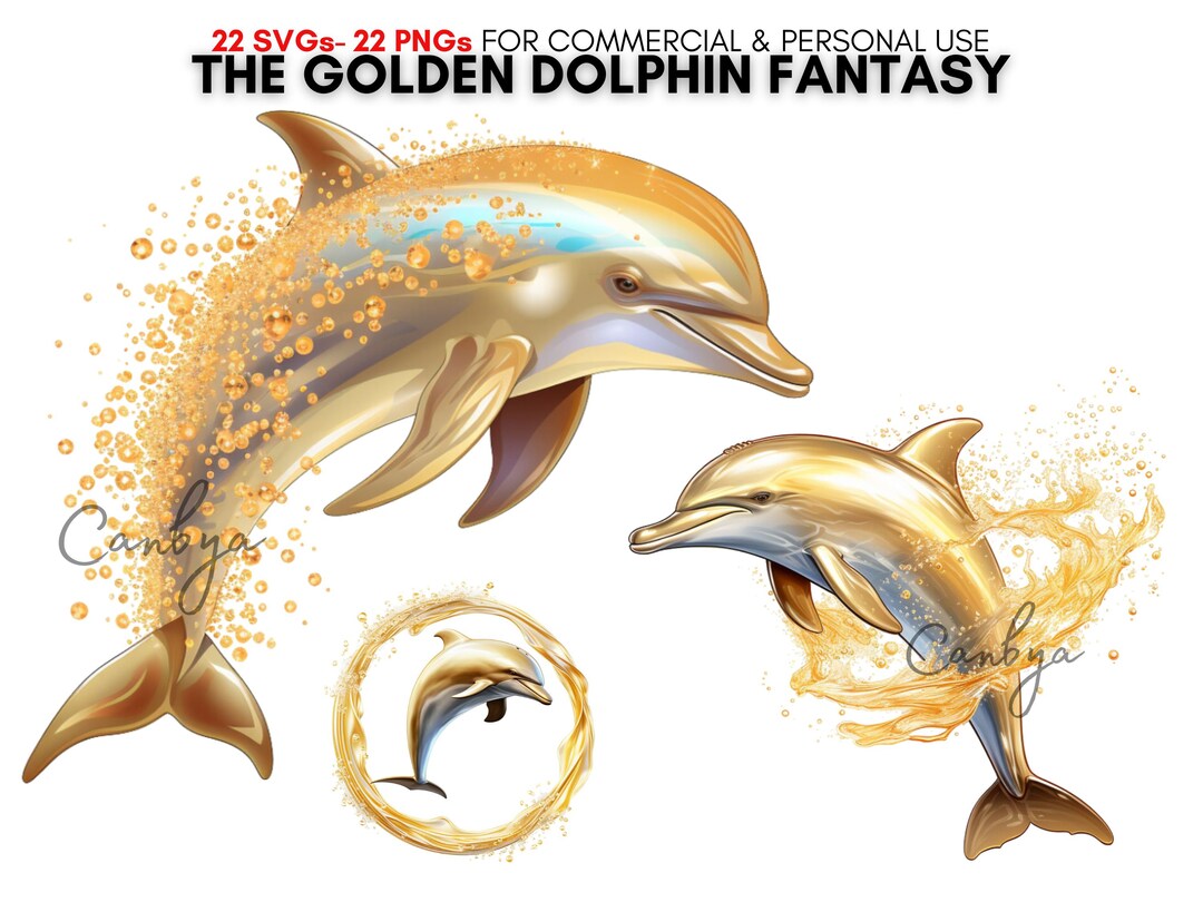 Watercolor Mythical Golden Dolphin Svg Png Digital Clipart Bundle ...