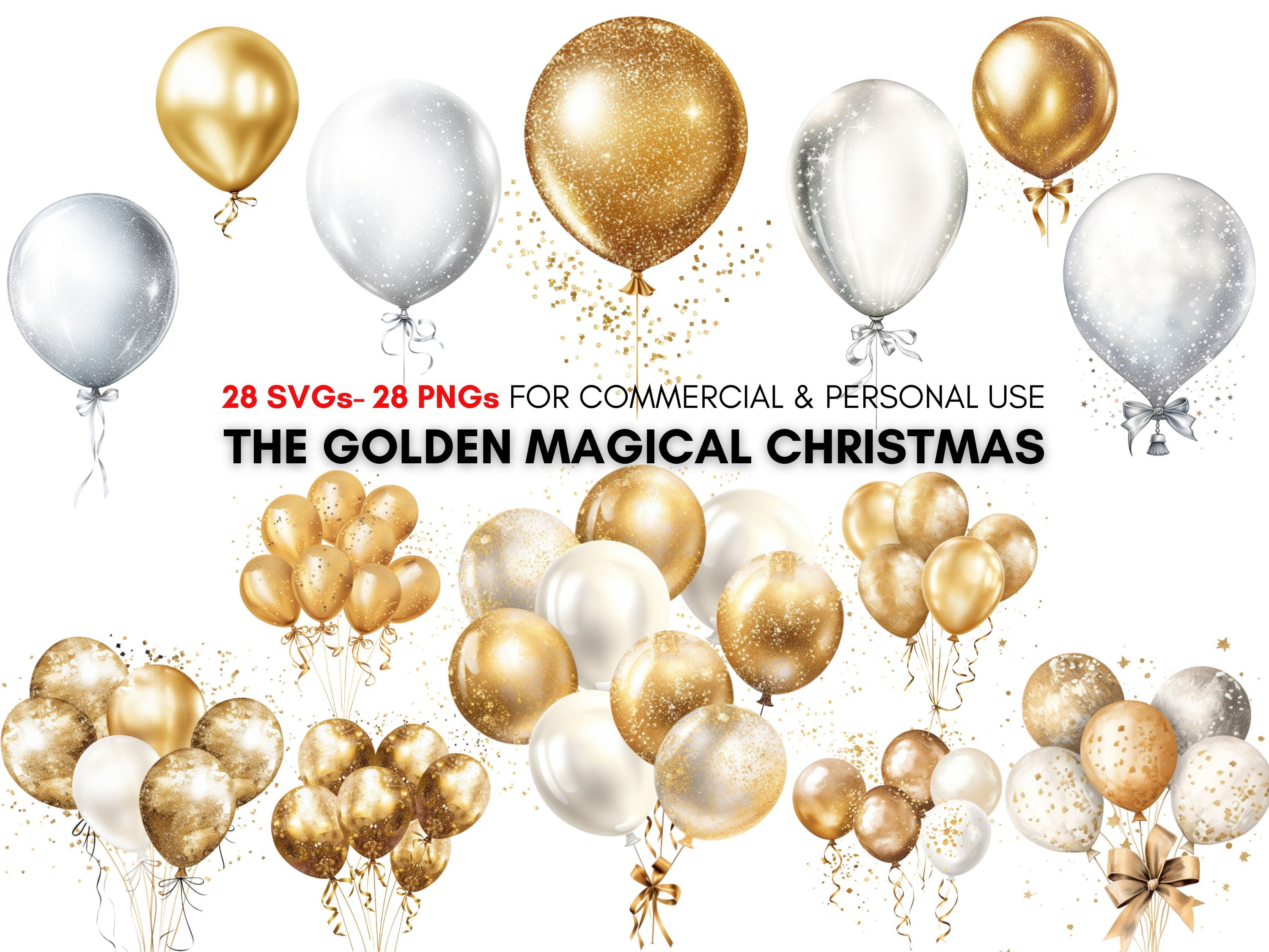 Watercolor Gold and Silver Balloon Clipart, Glitter Christmas Balloon ...