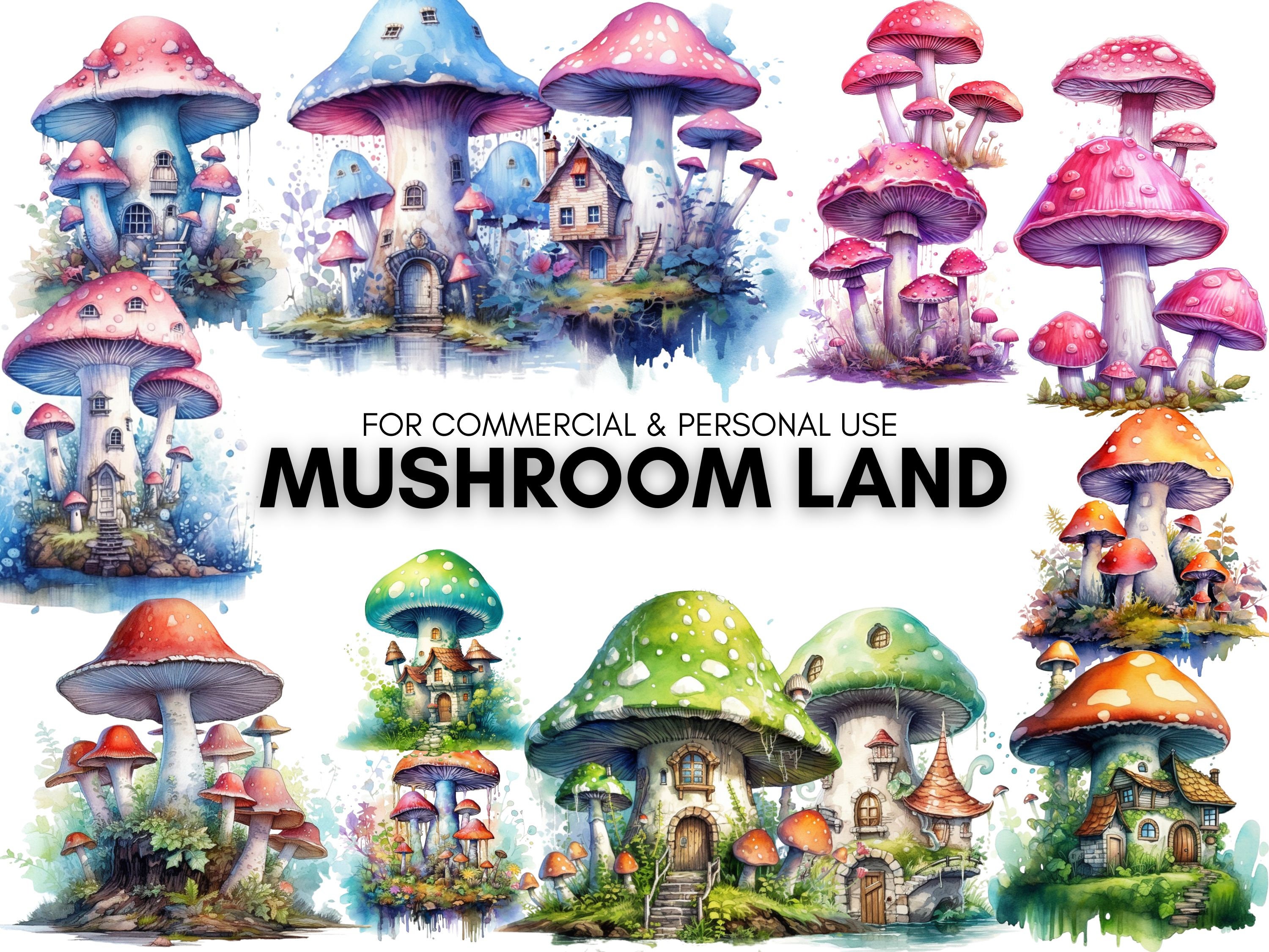 Mushroom Land Clipart Watercolor, for Commercial and Personal Use, 29 ...