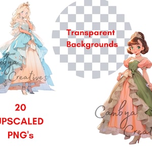 Big-eyed Ladies in Princess Dresses, Watercolor Clipart for Commercial ...