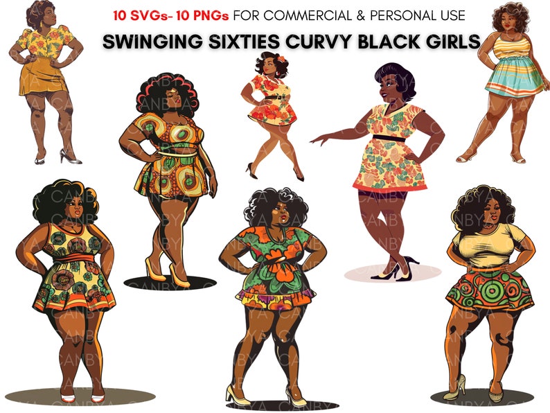 Swinging Sixties Styled Curvy Black Girl Svg Png Clipart Bundle, Vintage 60s African American ...